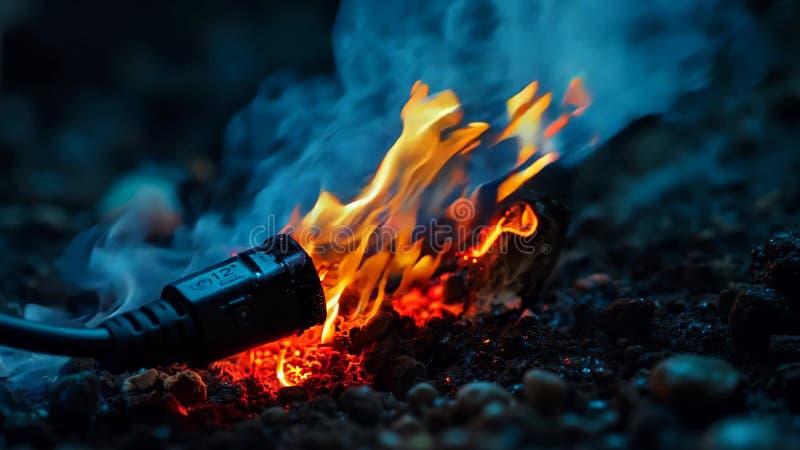 A Black Power Cord Plugged into a Fire in the Dark Stock Image - Image ...