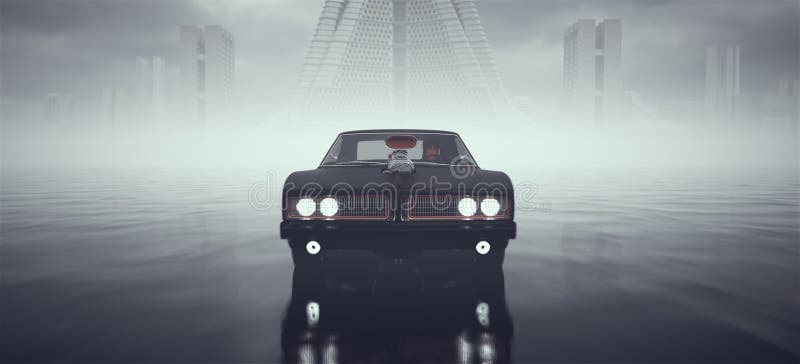 Black Powerful Sci-Fi Devil Car Driving Fast Over Wet Surface with ...