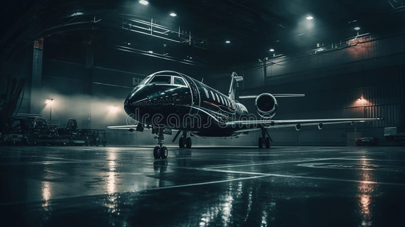 A Black Private Jet Standing in a Hangar at Night, Generated Ai Image ...