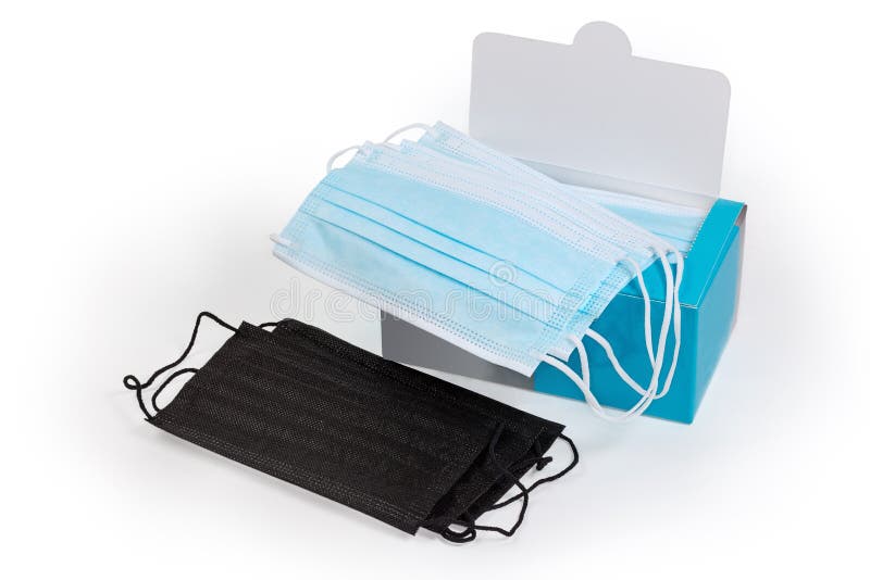 Black Protective Face Masks and Blue Disposable Medical Masks Packaging ...