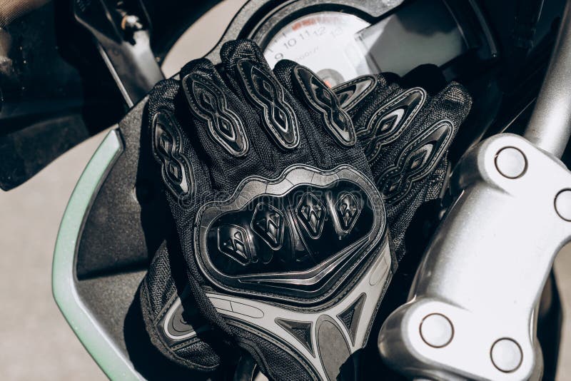 Black Protective Gloves for a Motobiker with Plastic Inserts. Stock ...