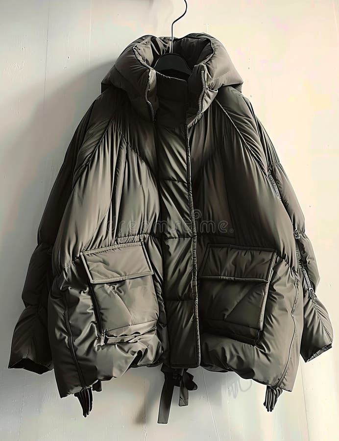 A Black Puffer Jacket Hanging on a Wall Stock Image - Image of trench ...