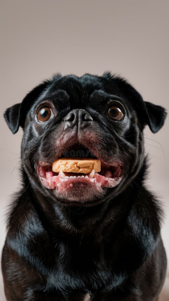 Black Pug with Mouth Open, Playful Expression, Looking at Camera Stock ...