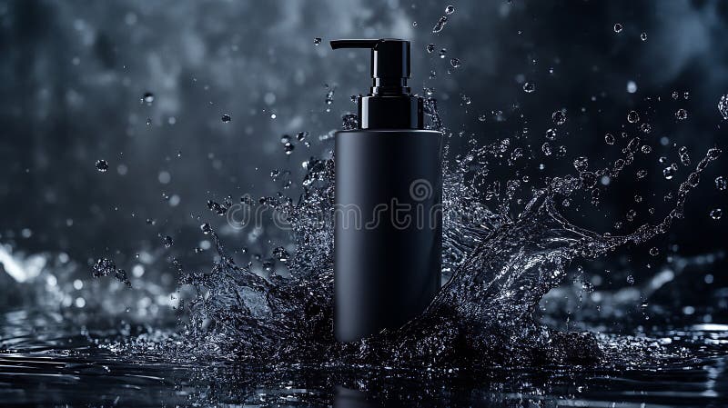 Black Pump Bottle Creating Splash in Water with Dark Background Stock ...