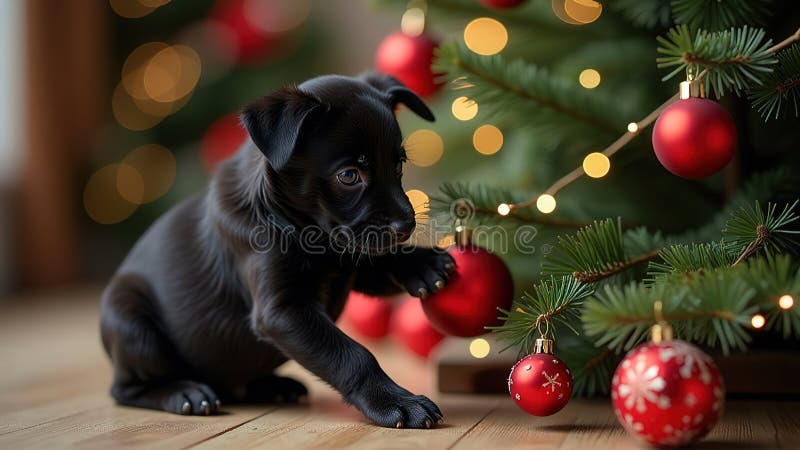 Black Puppy Playing with Red Christmas Ball Under Christmas Tree ...