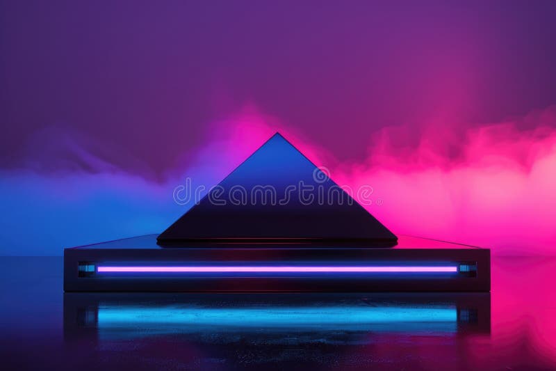 A Black Pyramid with Glowing Neon Lights Sits on a Reflective Platform ...