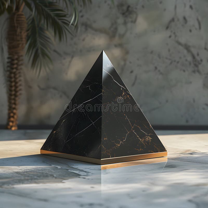 A Black Pyramid is Sitting on a Marble Floor in Front of a Palm Tree ...