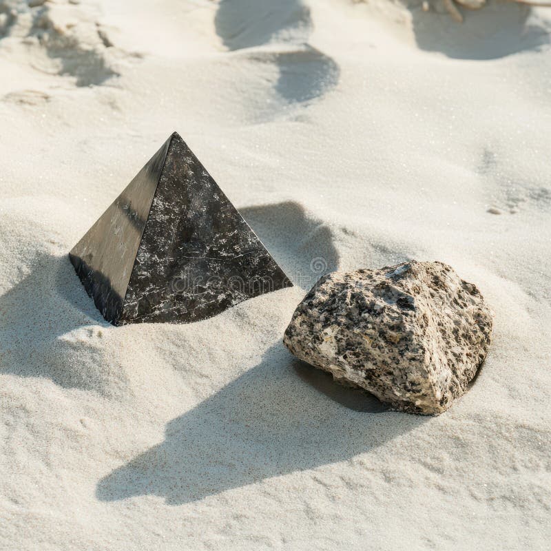 Black Pyramid and Stone Resting on Sandy Surface Stock Image - Image of ...