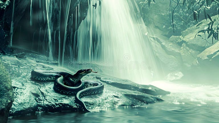 Black Python Coiled on Mossy Rocks Beneath the Cascading Waters of a ...