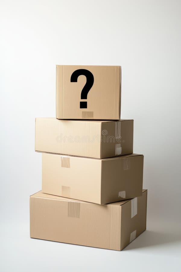 Black Question Mark on Delivery Boxes Stacked Against a Solid White ...
