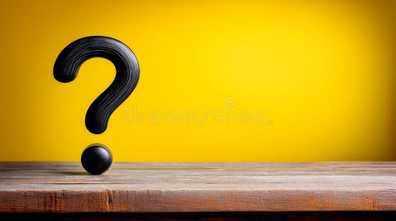Black Question Mark on Wooden Table Against Yellow Background Stock ...