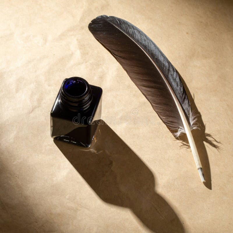 Black Quill Pen and Inkwell on Brown Paper Stock Illustration ...