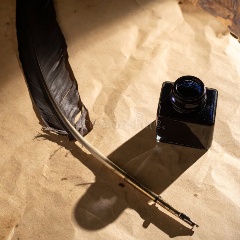 Black Quill Pen and Inkwell on Brown Paper Stock Illustration ...
