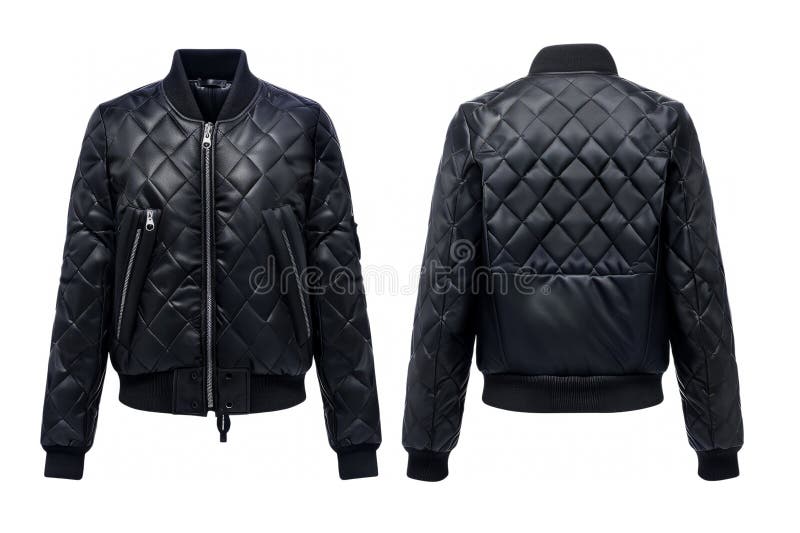 Black Quilted Jacket for Winter, Elegant Front and Back Views on White ...