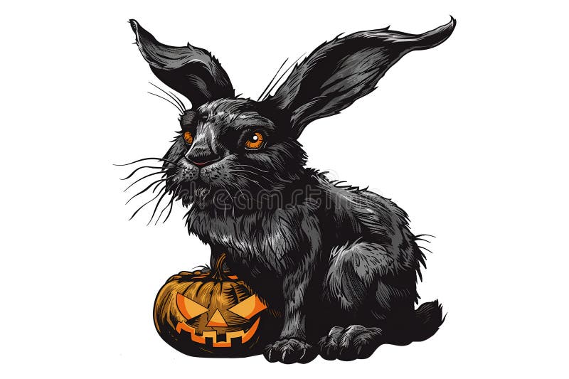 A Black Rabbit Sits on a Pumpkin with a Scary Face Stock Image ...