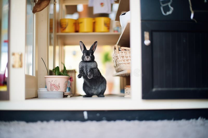 Black Rabbit Standing on Hind Legs Inside Hutch Stock Image - Image of ...