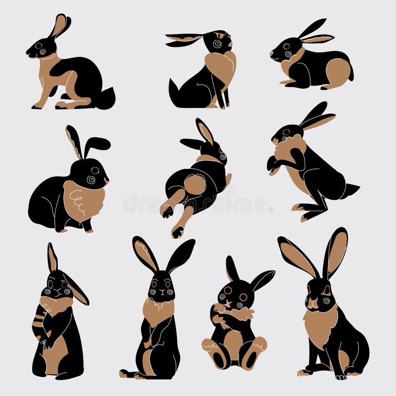 Black Rabbit Vector Set in Various Poses. Animal Character in Minimal ...
