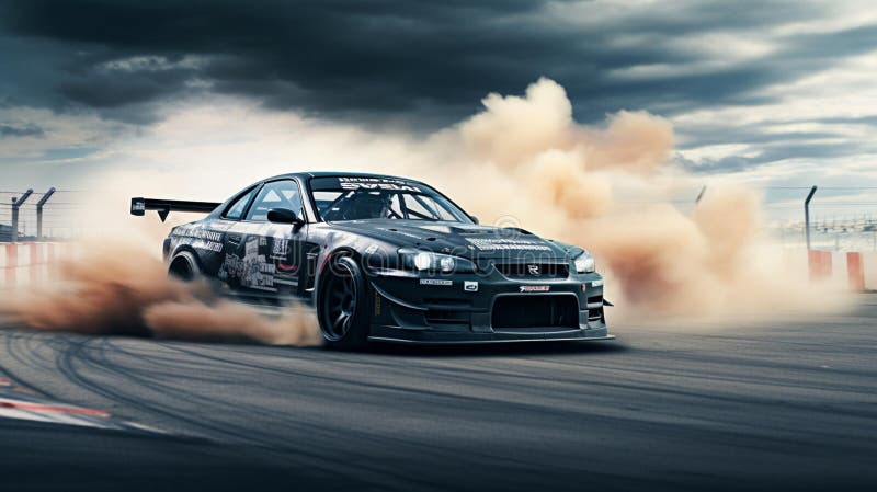 A Black Race Car is Going through Some Dust in Front of the Camera ...