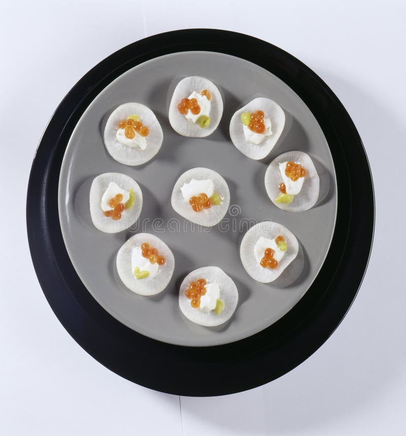 Black Radish,salmon Roe,cream and Wasabi Canap S Stock Photo - Image of ...
