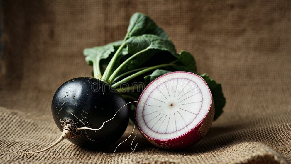 Black Radish Whole and Sliced on Rustic Burlap Background Stock Photo ...