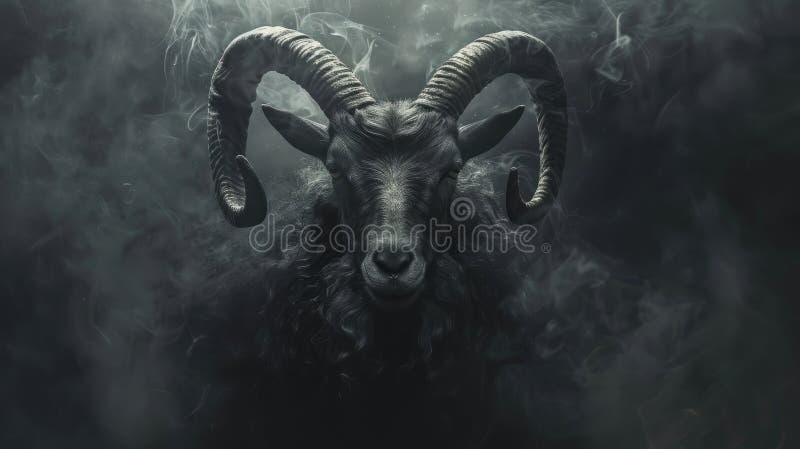 Black Ram with Twisted Horns Seen in a Smoky Backdrop during a Dramatic ...