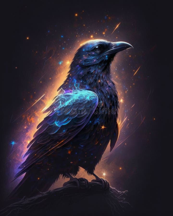 Black Raven in Cosmic Space with Fire Effect. Digital Painting ...