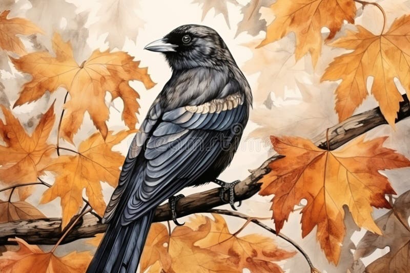 Black Raven or Crow on a Tree Branch in Autumn between Autumn Leaves ...