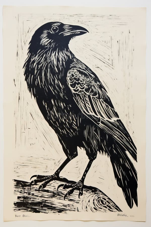 Black Raven, Engraving, Black and White Drawing Stock Image - Image of ...