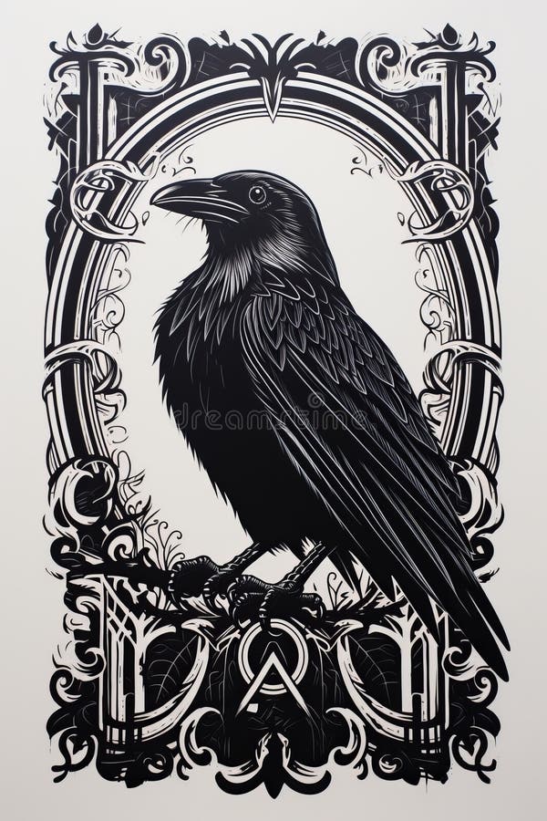 Black Raven, Engraving, Black and White Drawing Stock Image - Image of ...