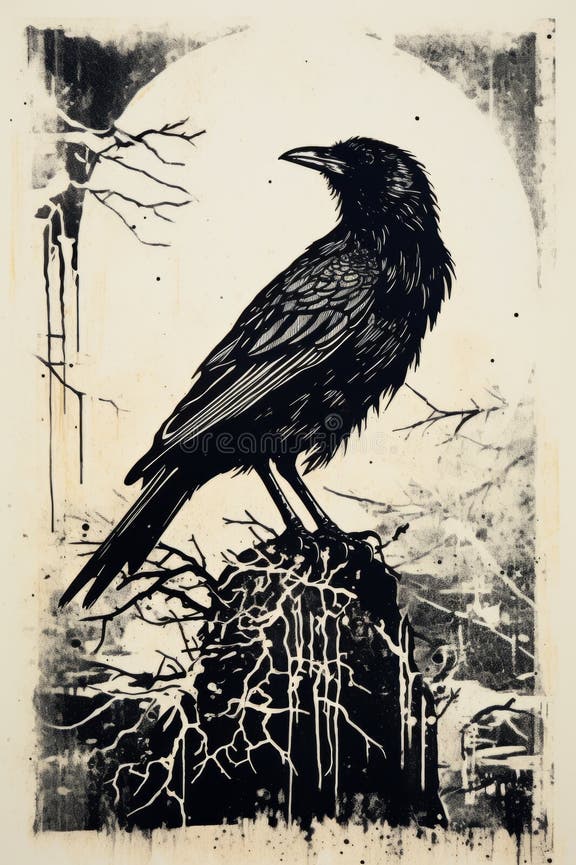 Black Raven, Engraving, Black and White Drawing Stock Photo - Image of ...