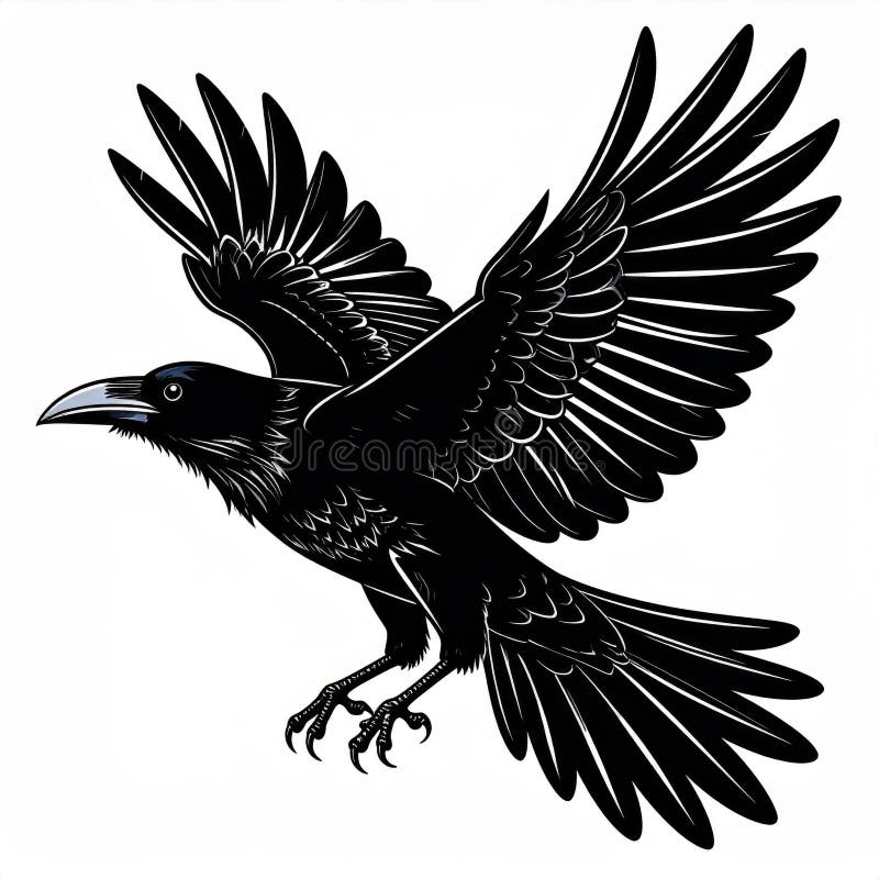 Black Raven in Flight: Detailed Silhouette Illustration Stock ...