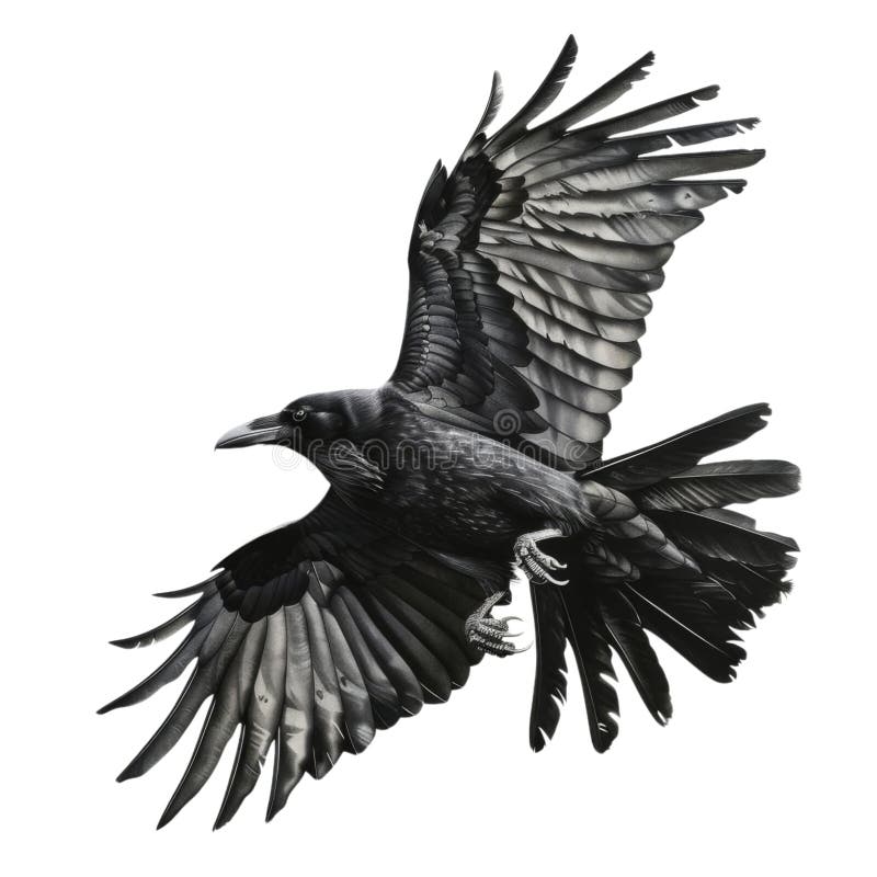 A Black Raven in Flight, Wings Spread Wide Stock Photo - Illustration ...