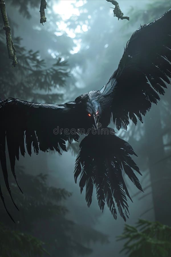 A Black Raven Flying in the Forest Stock Image - Image of eagle, bird ...