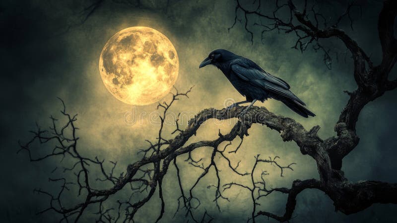 A Black Raven Perched on a Bare Branch Under a Full Moon Stock ...