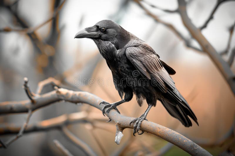 Black Raven Perched on a Branch with Blurred Background Stock Image ...