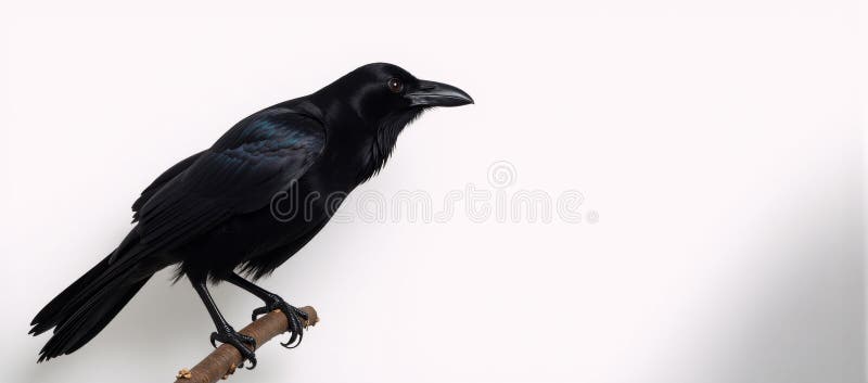 Black Raven Perched Eerily on a Branch Against a Pure White Backdrop ...