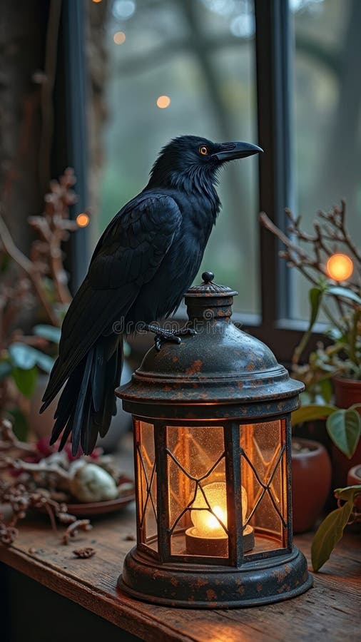 Black Raven Perched on Lantern Amidst Cozy Indoor Setting with Plants ...
