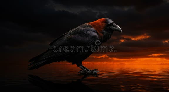Black Raven at Sunset Reflection in Dark Water Stock Illustration ...