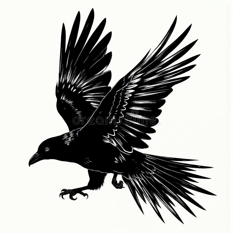 Black Raven Visual Illustration with Outstretched Wings in Flight. Detailed Feather Patterns and ...