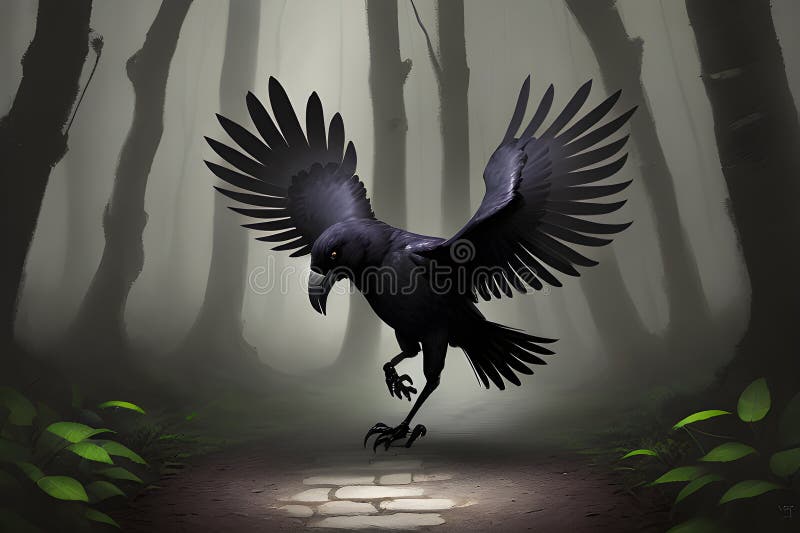 Black Raven Walking Along a Path in a Dense Forest Stock Illustration ...