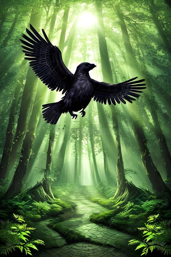 Black Raven Walking Along a Path in a Dense Forest Stock Illustration ...