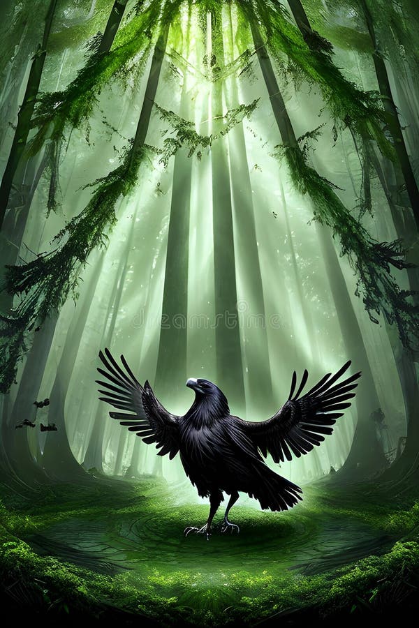 Black Raven Walking Along a Path in a Dense Forest Stock Illustration ...