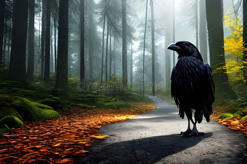 Black Raven Walking Along a Path in a Dense Forest Stock Illustration ...