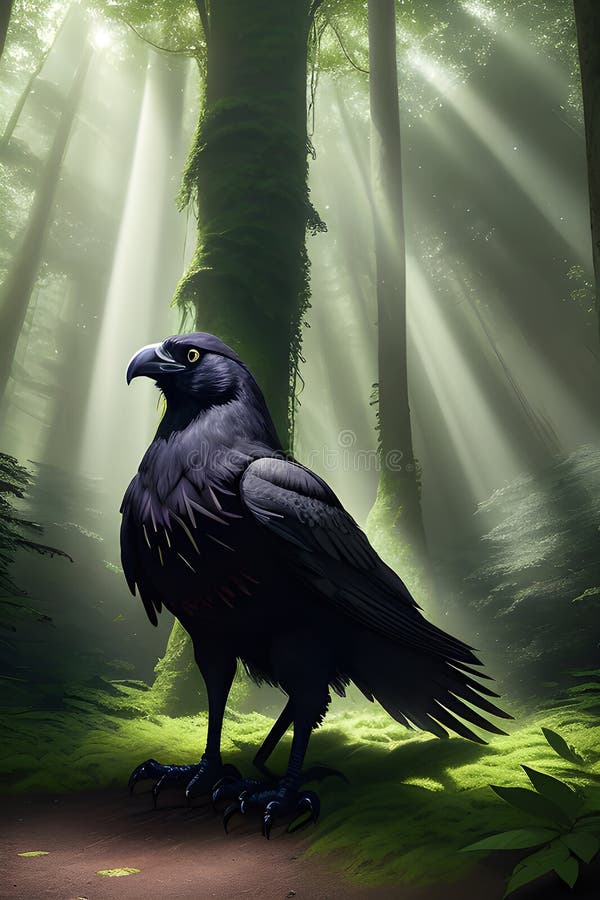 Black Raven Walking Along a Path in a Dense Forest Stock Illustration ...