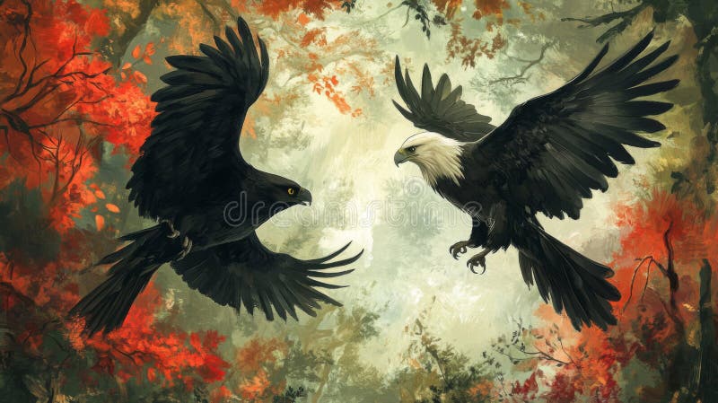 Black Raven and White-Headed Eagle in Flight during Autumn Stock ...