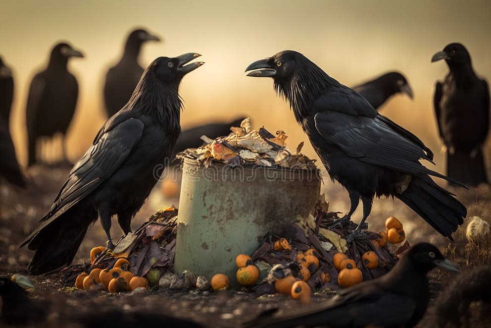 Black Ravens at Trash Can in the City ,generative Ai Stock Illustration ...