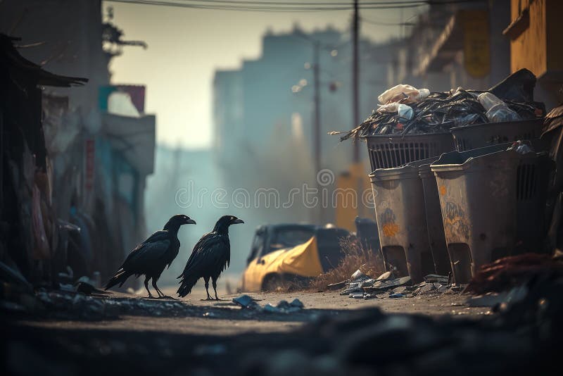 Black Ravens at Trash Can in the City ,generative Ai Stock Illustration ...