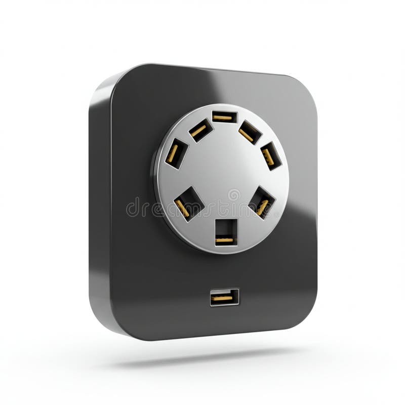 Black Rectangular Adapter with a Circular, Metallic Power Outlet in the ...