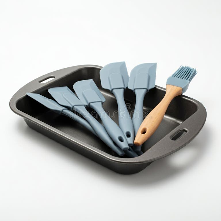 A Black Rectangular Baking Pan Holds a Collection of Kitchen Utensils ...
