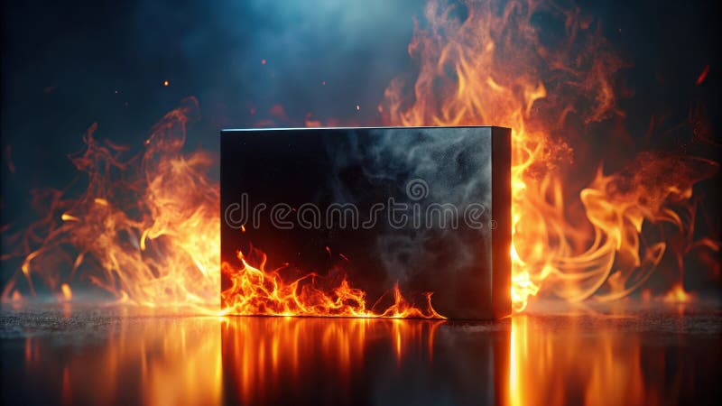 Black Rectangular Block Engulfed in Intense Flames, Dramatic Fiery ...